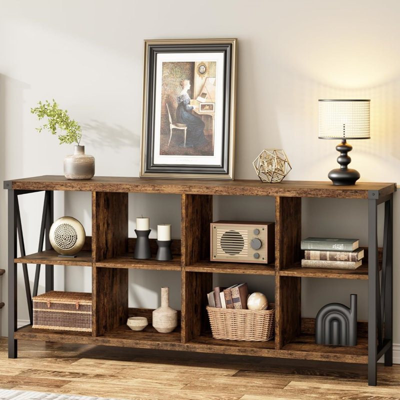 3 Tier Metal Horizontal Bookshelf with 8 Cube Storage Organizer 62 Inch Industrial Console Bookcase for Entryway and Living Room 17 Stories Color